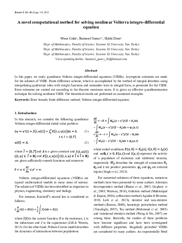(PDF) A novel computational method for solving nonlinear Volterra integro-differential equation
