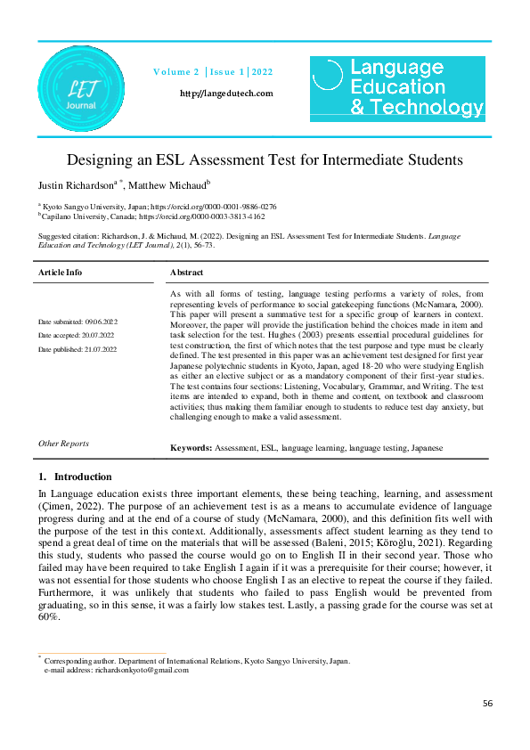 (PDF) Designing an ESL Assessment Test for Intermediate Students