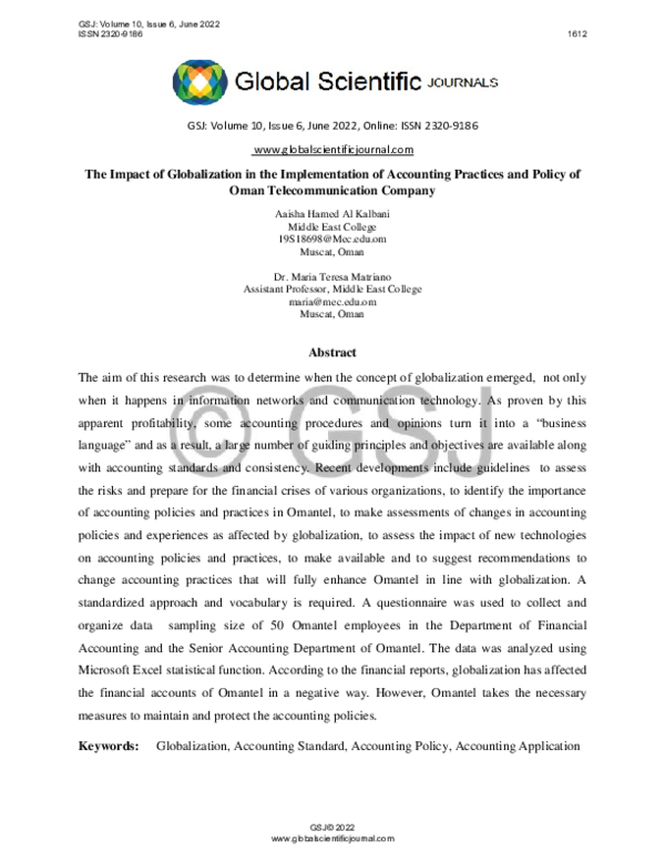 (PDF) The Impact of Globalization in the Implementation of Accounting Practices and Policy of ...