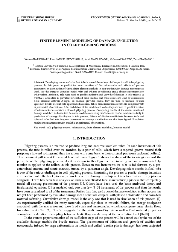 (PDF) Finite Element Modeling of Damage Evolution in Cold Pilgering Process