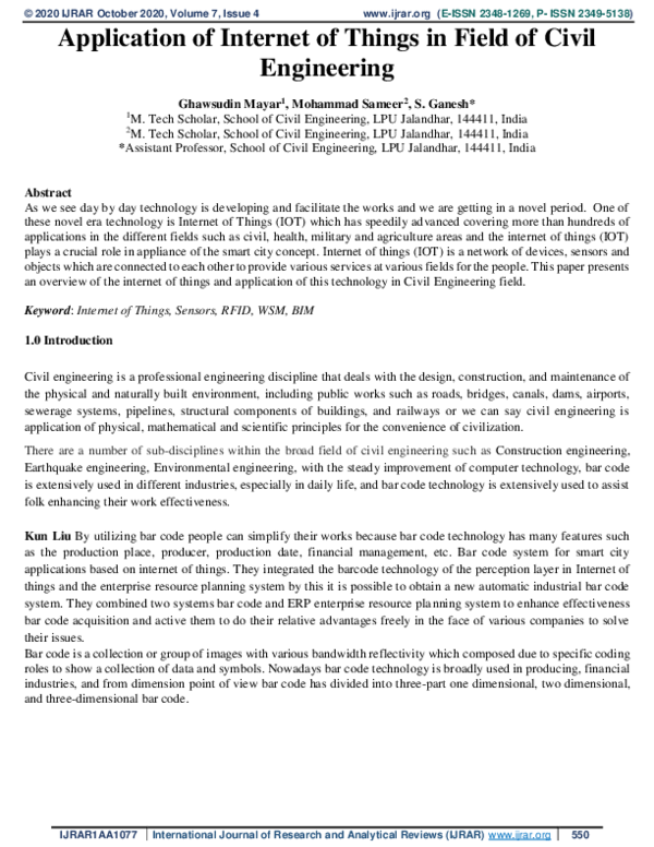 (PDF) Application of Internet of Things in Field of Civil Engineering ...