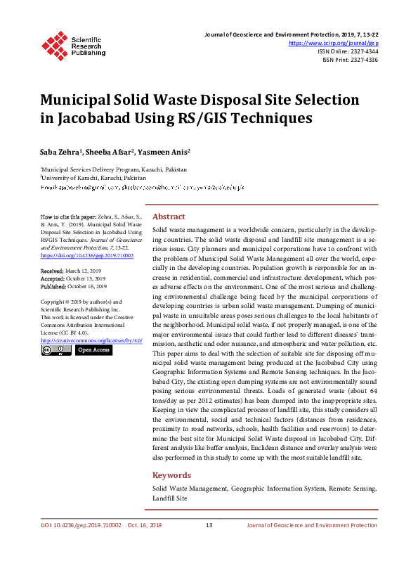 (PDF) Municipal Solid Waste Disposal Site Selection in Jacobabad Using ...