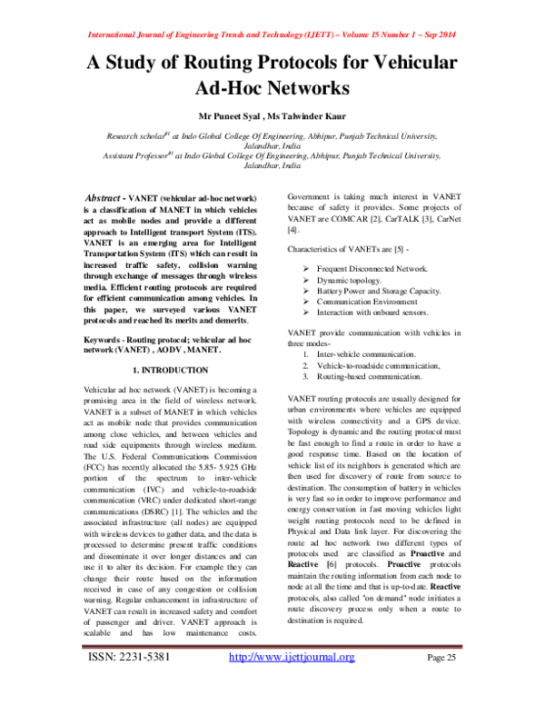 (PDF) A Study of Routing Protocols for Vehicular Ad-Hoc Networks