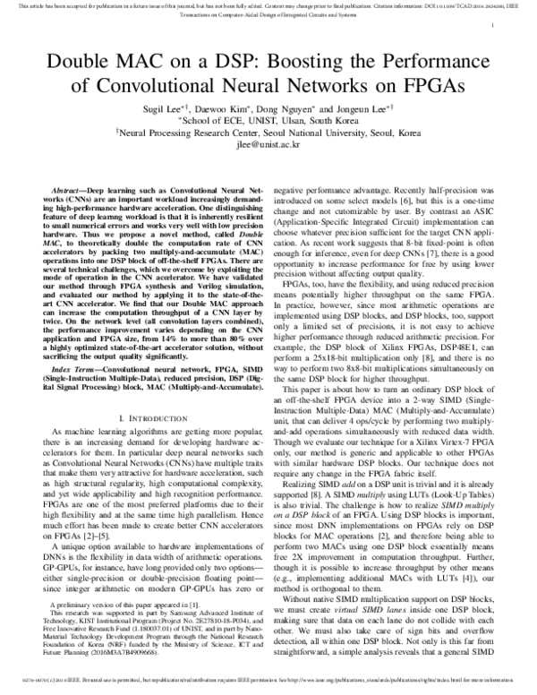 (PDF) Double MAC on a DSP: Boosting the Performance of Convolutional Neural Networks on FPGAs