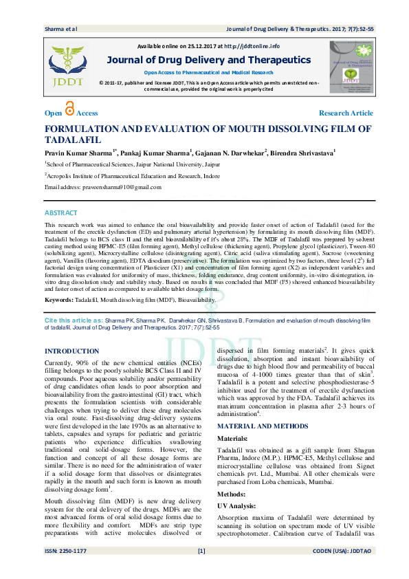 (PDF) Formulation and Evaluation of Mouth Dissolving Film of Tadalafil