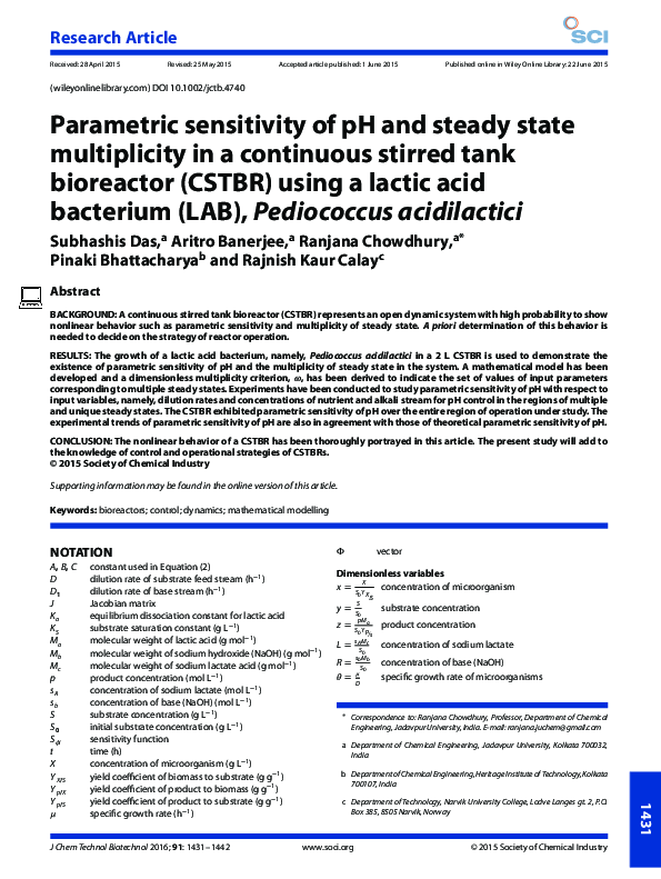 (PDF) Parametric sensitivity of pH and steady state multiplicity in a ...