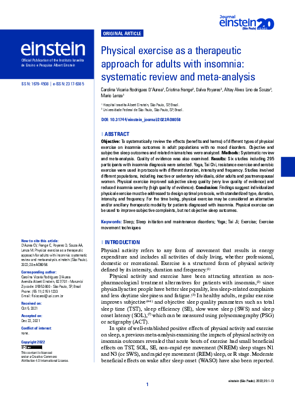 (PDF) Physical exercise as a therapeutic approach for adults with insomnia: systematic review ...