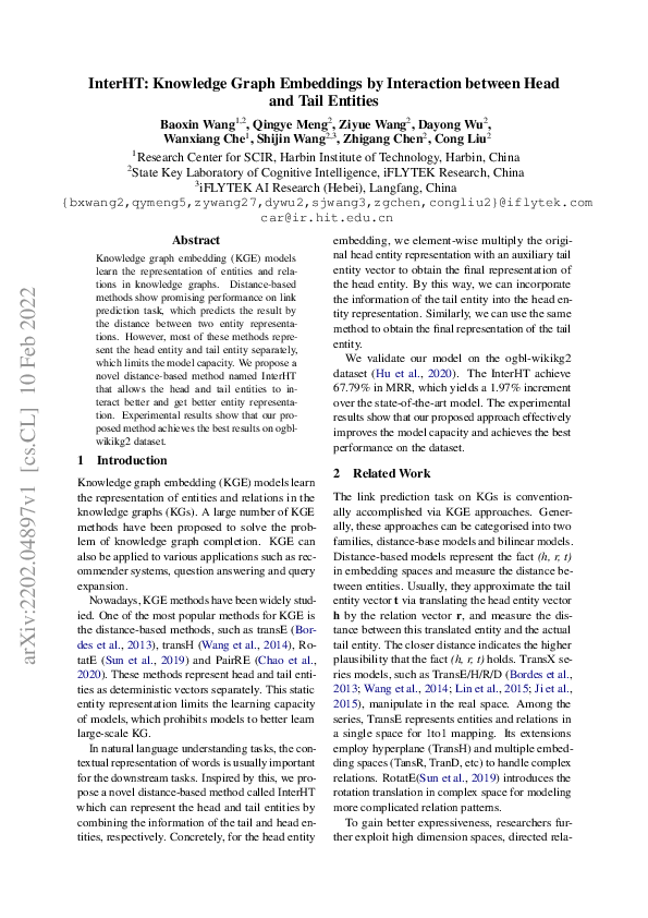 Pdf Interht Knowledge Graph Embeddings By Interaction Between Head And Tail Entities