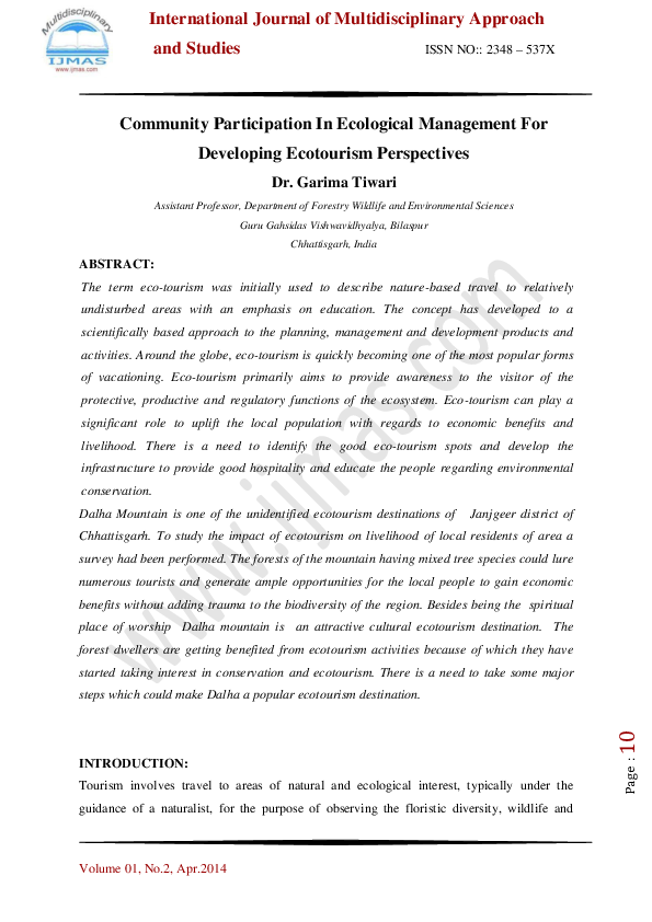 (PDF) Community Participation In Ecological Management For Developing ...