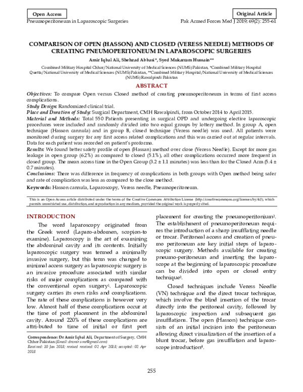(PDF) Comparison of Open (Hasson) and Closed (Veress Needle) Methods of Creating ...