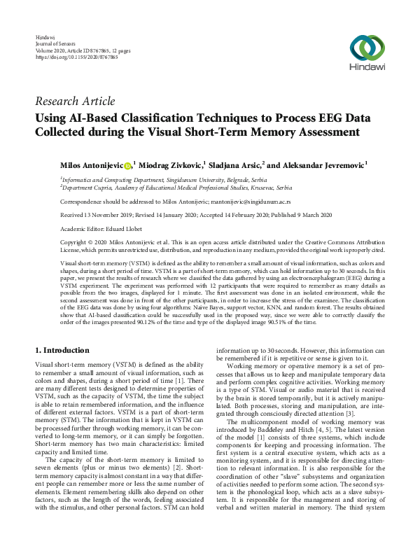Pdf Using Ai Based Classification Techniques To Process Eeg Data Collected During The Visual