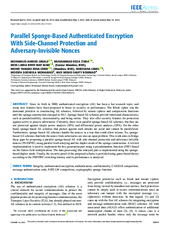(PDF) Parallel Sponge-Based Authenticated Encryption With Side-Channel Protection and Adversary ...