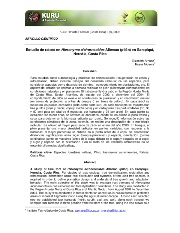 (PDF) Estudio de raíces en Hieronyma alchorneoides Allemao (pilón) en ...