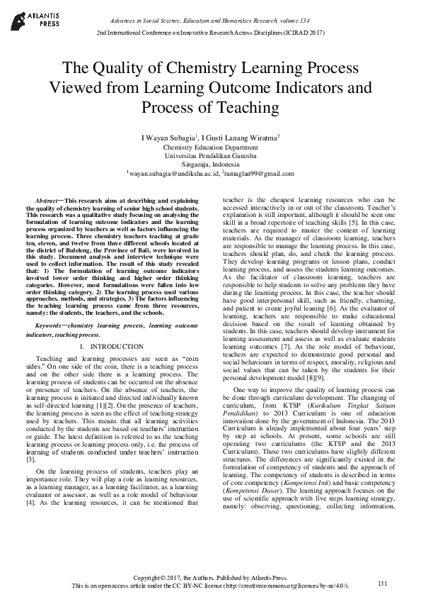 (PDF) The Quality of Chemistry Learning Process Viewed from Learning ...