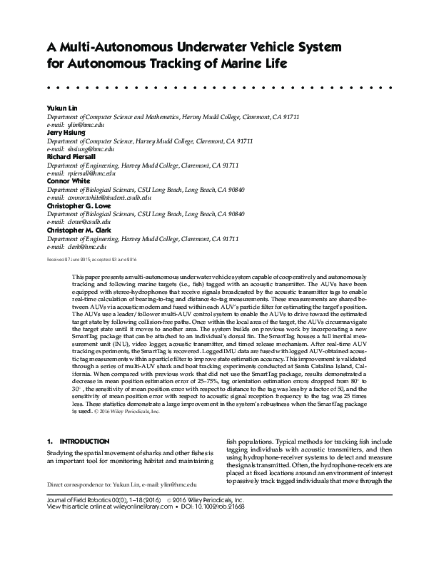 Pdf A Multi‐autonomous Underwater Vehicle System For Autonomous Tracking Of Marine Life
