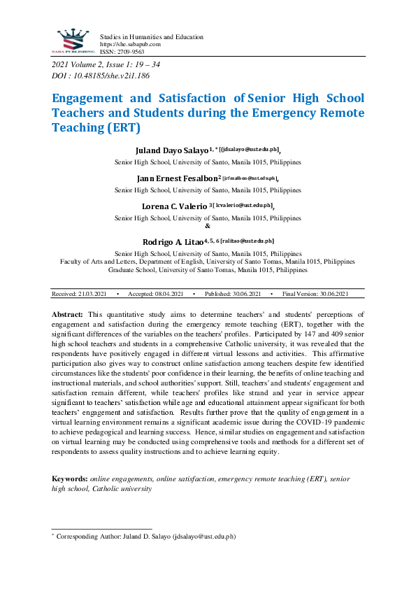 (PDF) Engagement and Satisfaction of Senior High School Teachers and ...