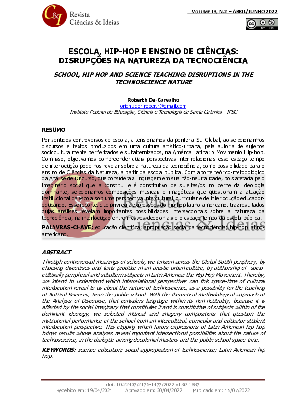 (PDF) Escola, Hip-hop e Ensino de Ciências: disrupções na natureza da ...