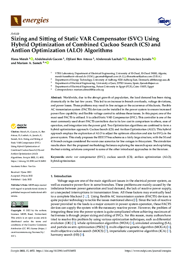 Pdf Sizing And Sitting Of Static Var Compensator Svc Using Hybrid Optimization Of Combined