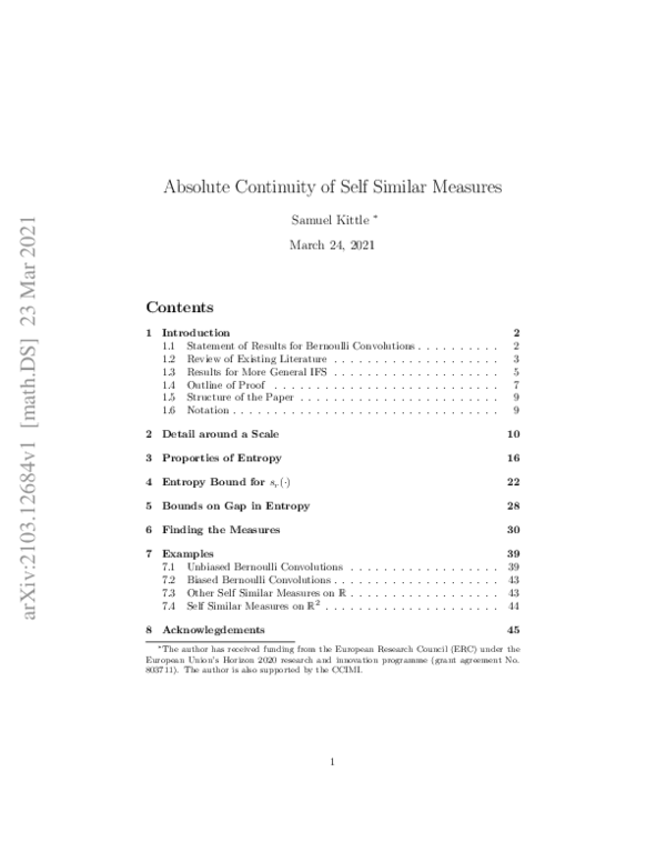 (PDF) Absolute Continuity of Self Similar Measures | Samuel Kittle - Academia.edu