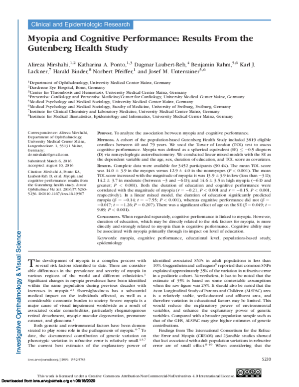 (PDF) Myopia and Cognitive Performance: Results From the Gutenberg ...