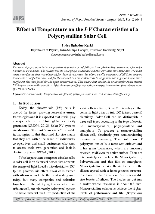 (PDF) Effect of Temperature on the I-V Characteristics of a Polycrystalline Solar Cell