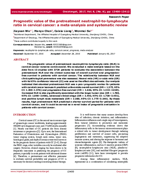 (PDF) Prognostic value of the pretreatment neutrophil-to-lymphocyte ratio in cervical cancer: a ...