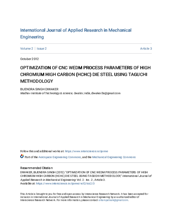 (PDF) Optimization of CNC Wedm Process Parameters of High Chromium High Carbon (HCHC) Die Steel ...