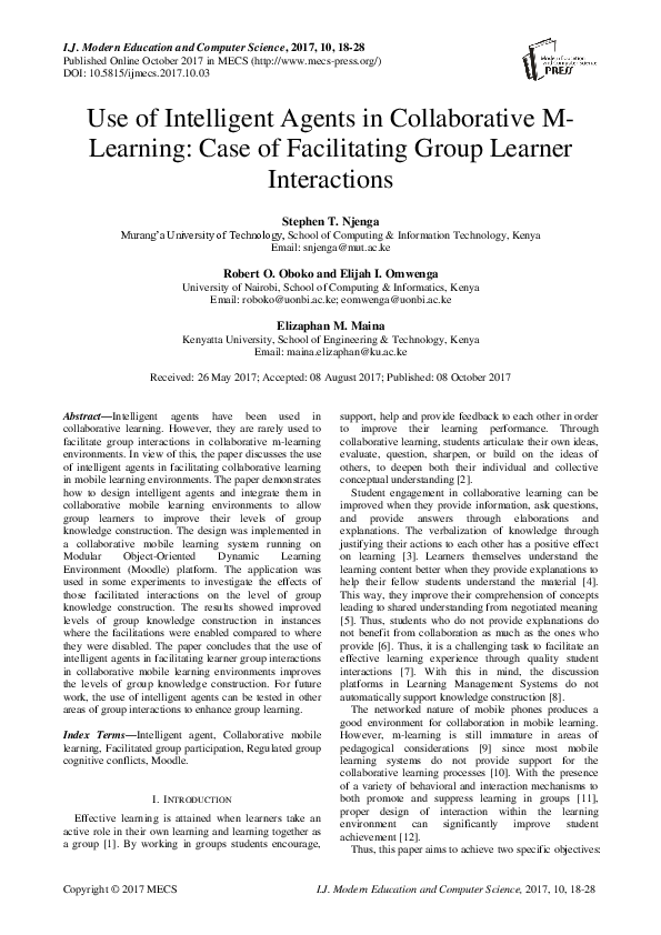 (PDF) Use of Intelligent Agents in Collaborative MLearning: Case of Facilitating Group Learner ...