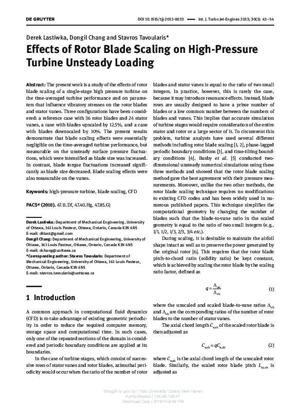 (PDF) Effects of Rotor Blade Scaling on High-Pressure Turbine Unsteady Loading