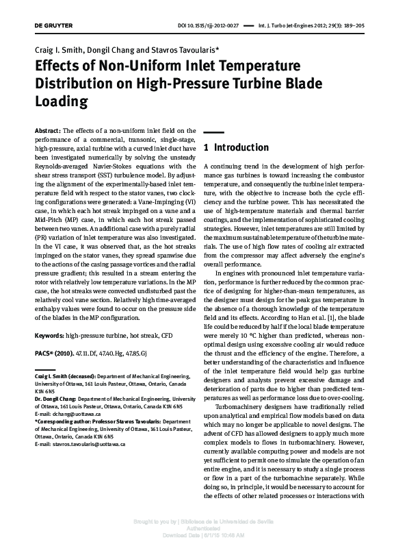(PDF) Effects of Non-Uniform Inlet Temperature Distribution on High-Pressure Turbine Blade Loading