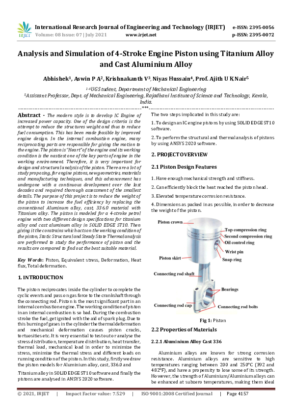 (PDF) Analysis and Simulation of 4-Stroke Engine Piston using Titanium Alloy and Cast Aluminium ...