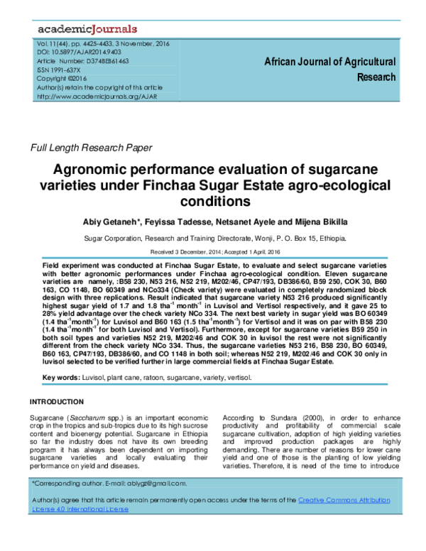 (PDF) Agronomic performance evaluation of sugarcane varieties under ...