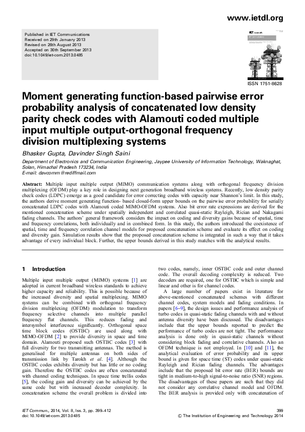 (PDF) Moment generating function-based pairwise error probability analysis of concatenated low ...