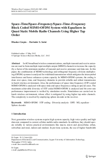 Pdf Space Time Space Frequency Space Time Frequency Block Coded Mimo Ofdm System With