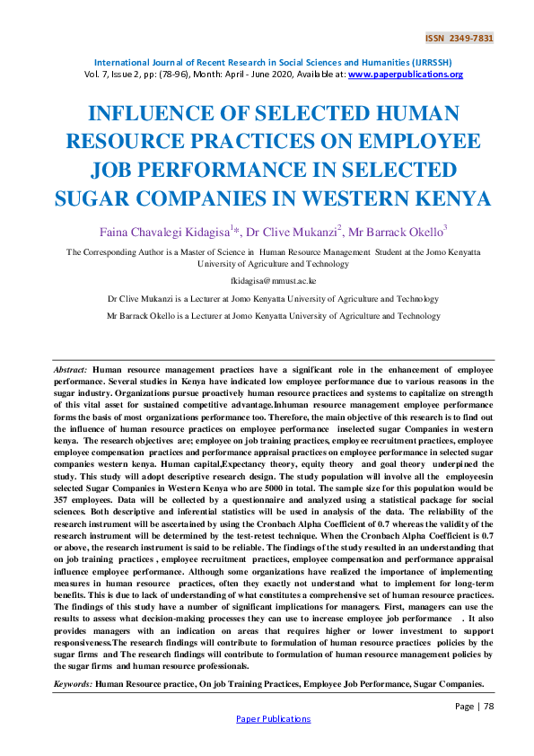 Pdf Influence Of Selected Human Resource Practices On Employee Job Performance In Selected