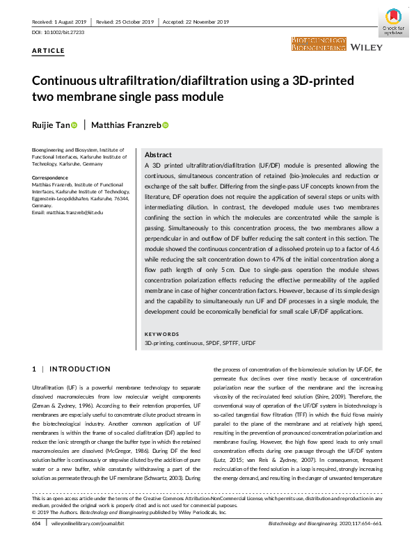 (PDF) Continuous ultrafiltration/diafiltration using a 3D‐printed two membrane single pass module
