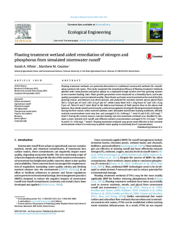 Pdf Floating Treatment Wetland Aided Remediation Of Nitrogen And Phosphorus From Simulated