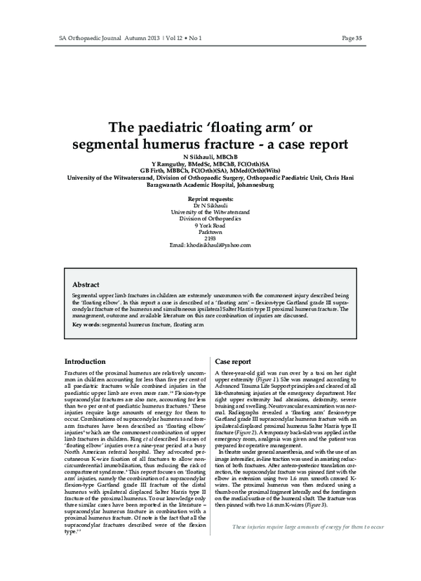 Pdf The Paediatric Floating Arm Or Segmental Humerus Fracture A Case Report