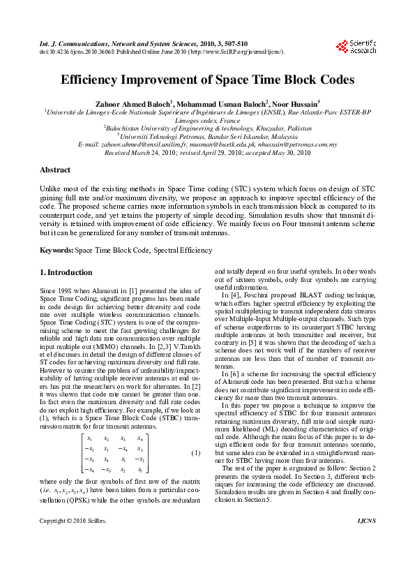 (PDF) Efficiency Improvement of Space Time Block Codes
