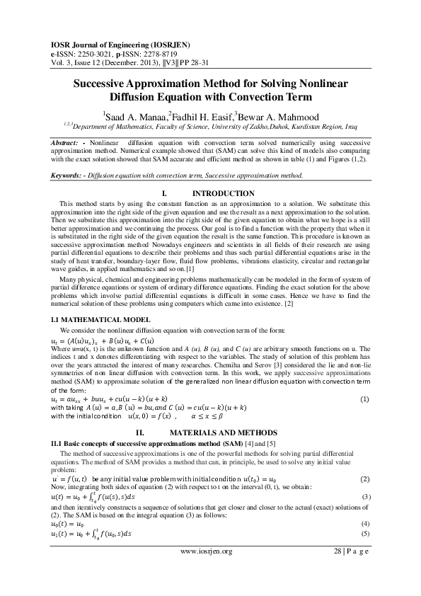 Pdf Successive Approximation Method For Solving Nonlinear Diffusion