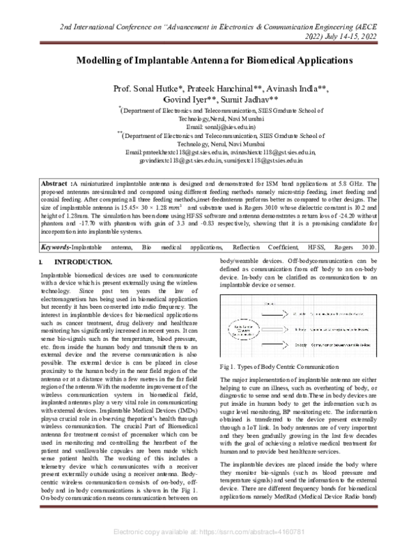 Pdf Modelling Of Implantable Antenna For Biomedical Applications