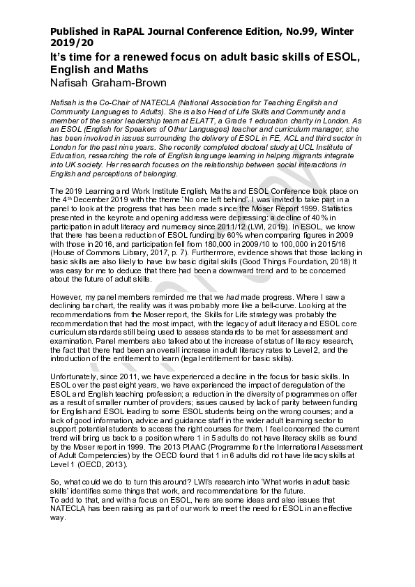(PDF) It's time for a renewed focus on adult basic skills of ESOL ...