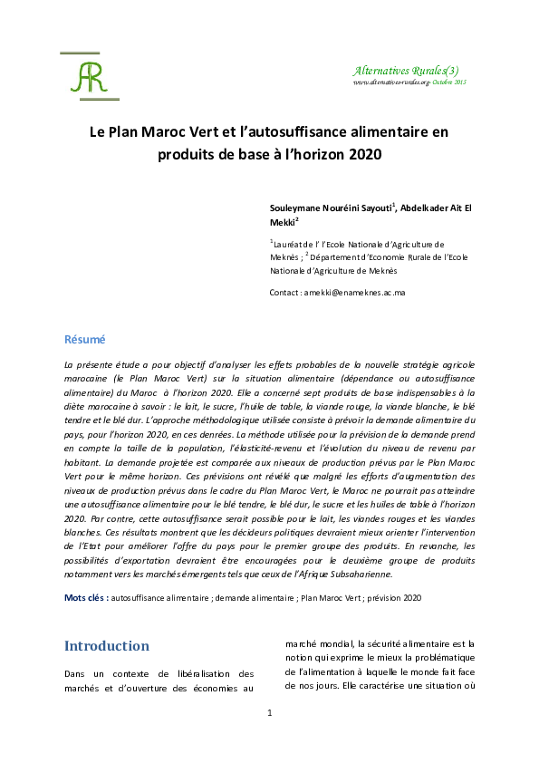 (PDF) Le Plan Maroc Vert et l’autosuffisance alimentaire en produits de ...