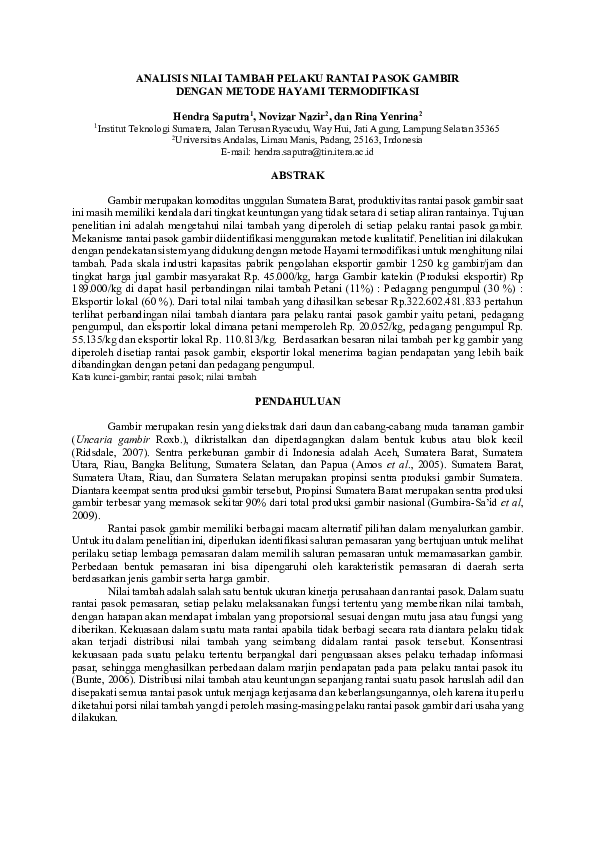 (PDF) Analisis Nilai Tambah Pelaku Rantai Pasok Gambir Dengan Metode ...
