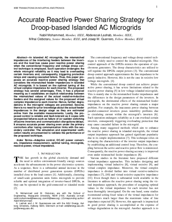 (PDF) Accurate Reactive Power Sharing Strategy for Droop-based Islanded AC Microgrids