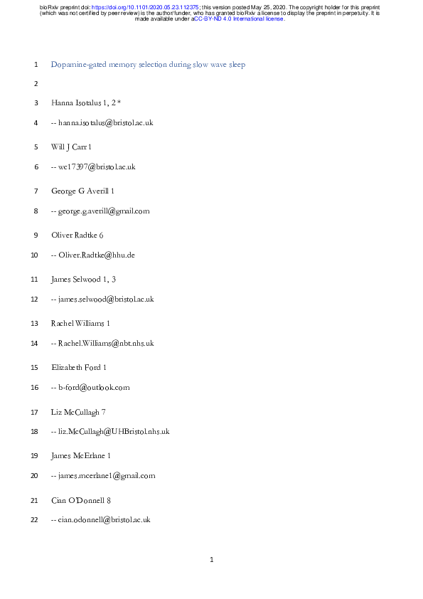 (PDF) Dopamine-gated memory selection during slow wave sleep