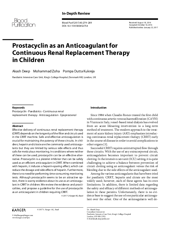 (PDF) Prostacyclin as an Anticoagulant for Continuous Renal Replacement ...