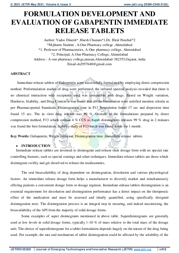 Pdf Title Formulation Development And Evaluation Of Gabapentin Immediate Release Tablets