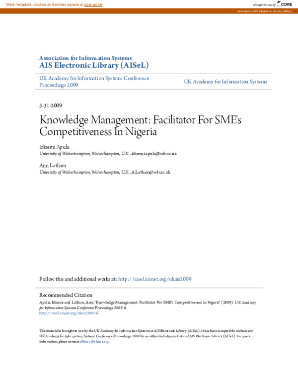 (PDF) Knowledge Management: Facilitator For SME\u27s Competitiveness In ...