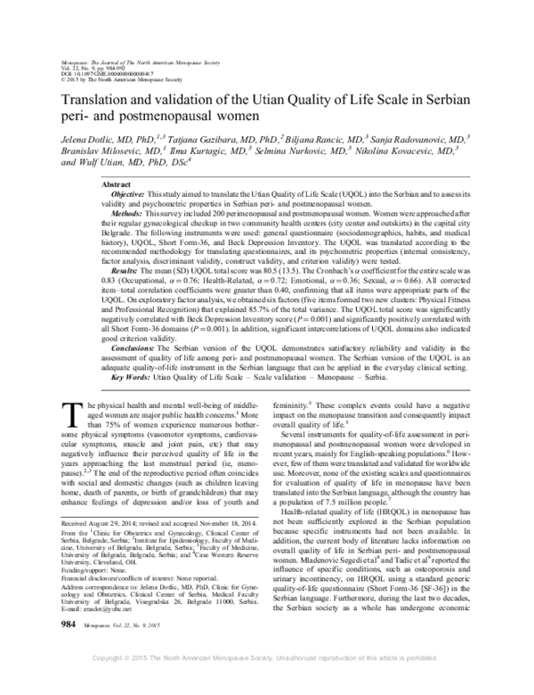 (PDF) Translation and validation of the Utian Quality of Life Scale in ...